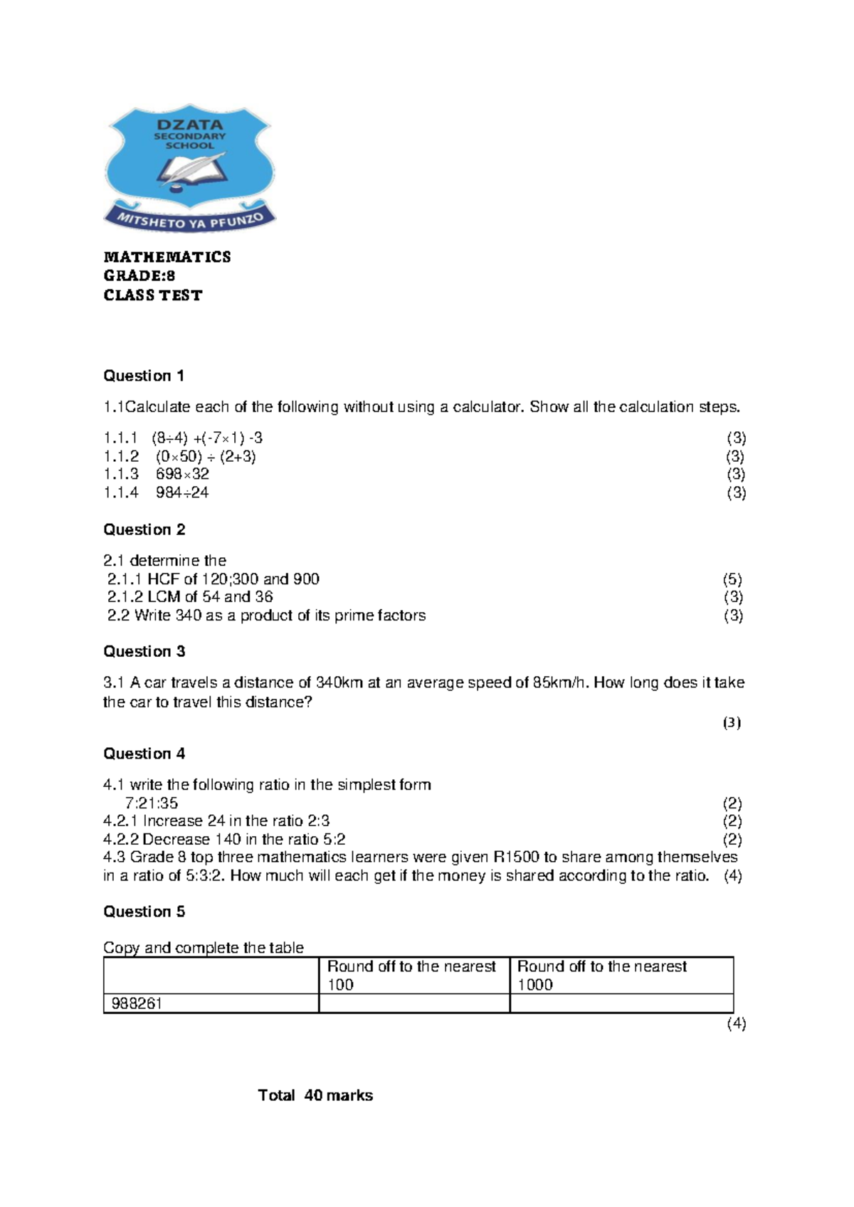 MATHEMATICS GRADE 8 CLASS TEST ASSIGNMENT QUESTIONS - Studocu