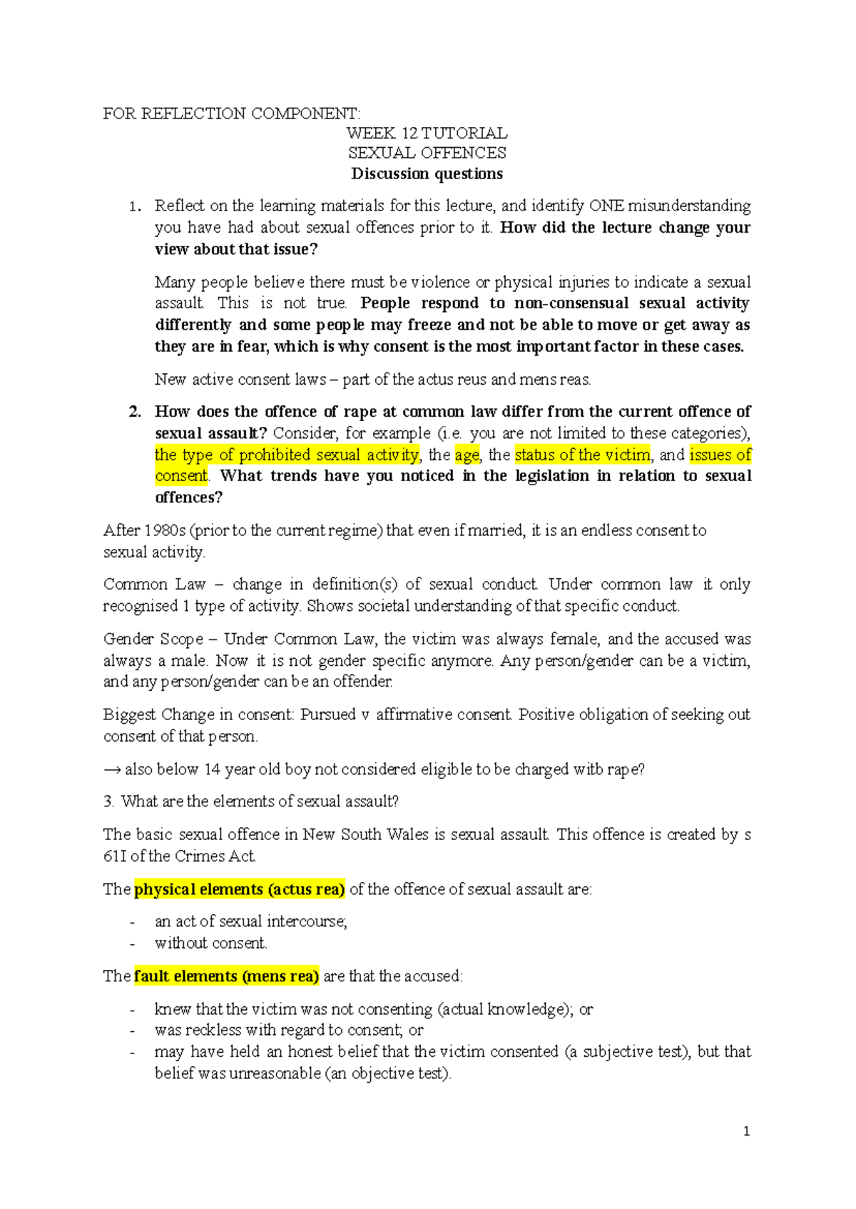 Reflection Component: Week 12 Tutorial on Sexual Offences (12SA) - Studocu