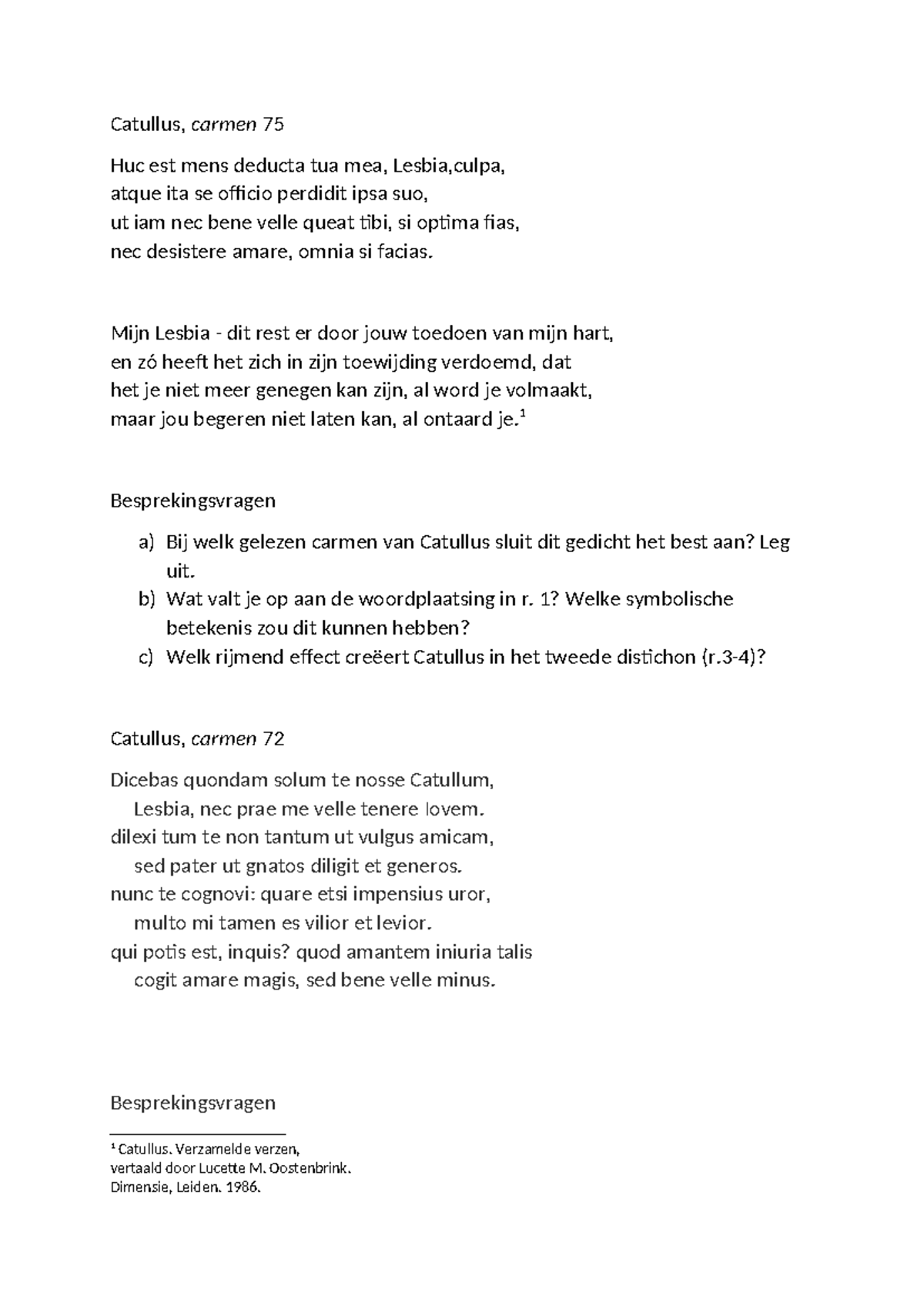 Catullus 75 & 72 - Teksten en Besprekingsvragen voor Studie - Studocu
