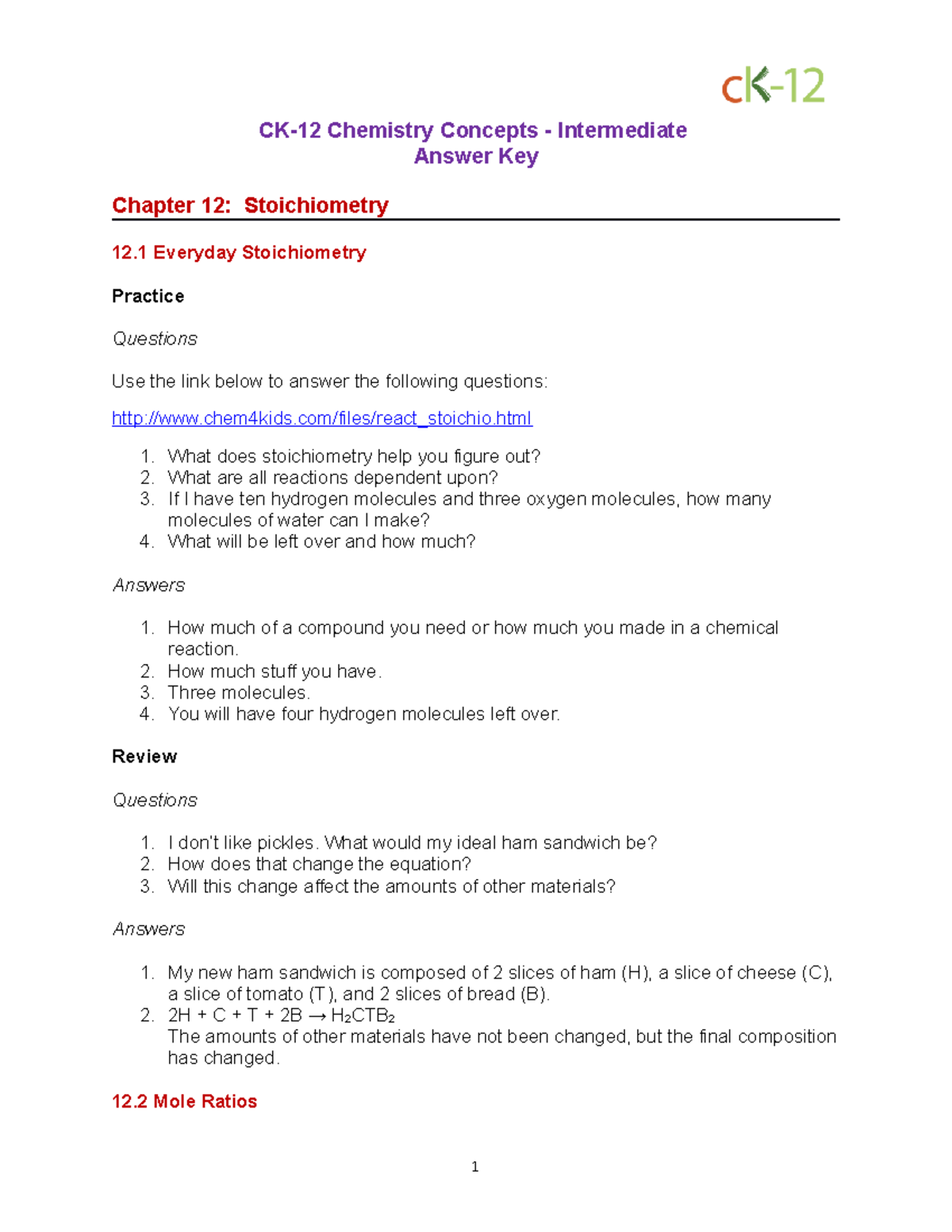 Chem Int CC Ch 12 - Stoichiometry Practice & Answer Key - Studocu