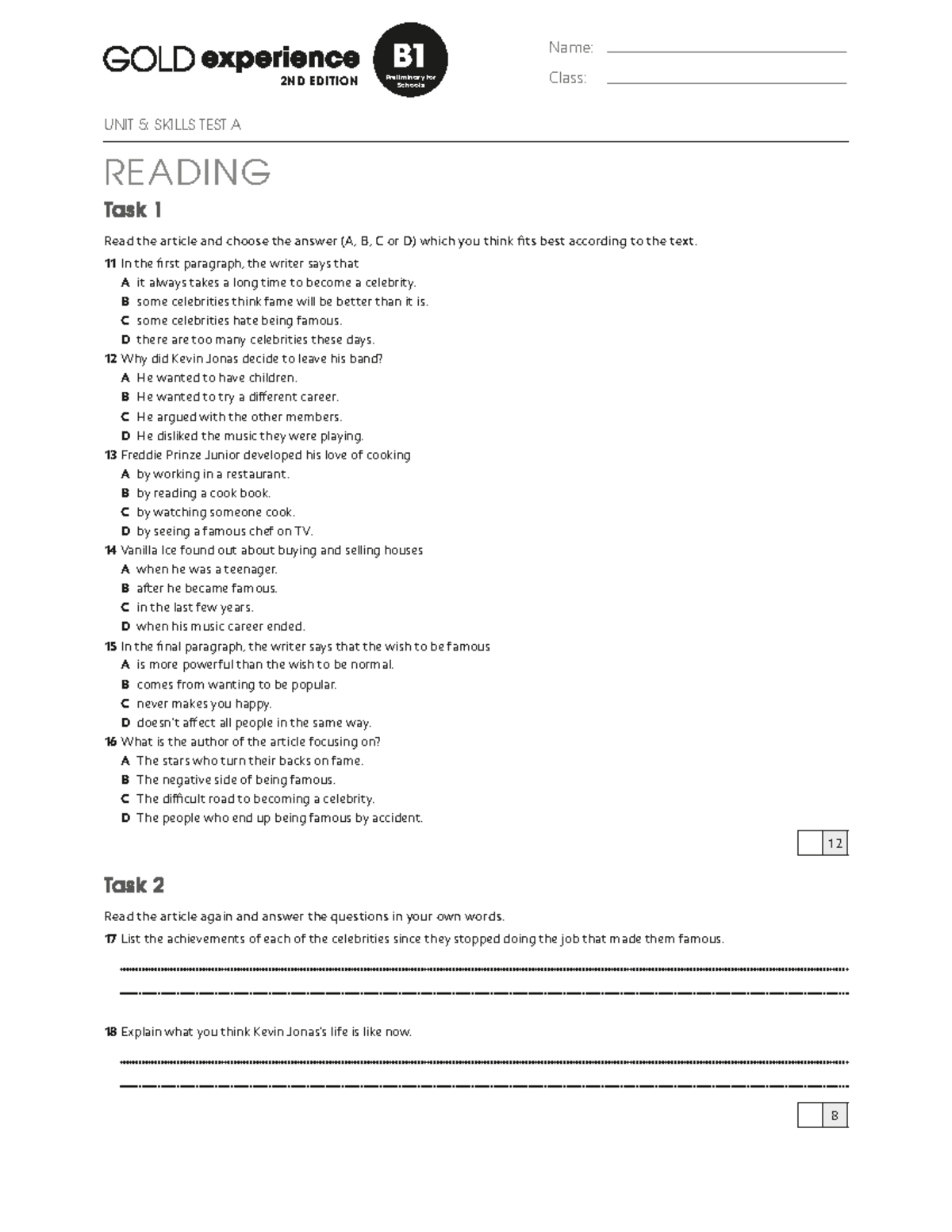 Unit 5: Skills & Language Test A - B1 Preliminary for Schools - Studocu