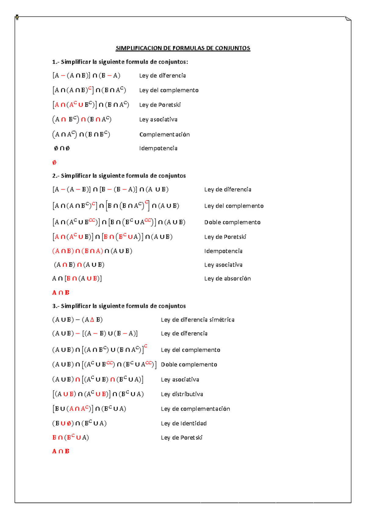 Ejercicios de Simplificación de Fórmulas de Conjuntos - Apuntes - Studocu