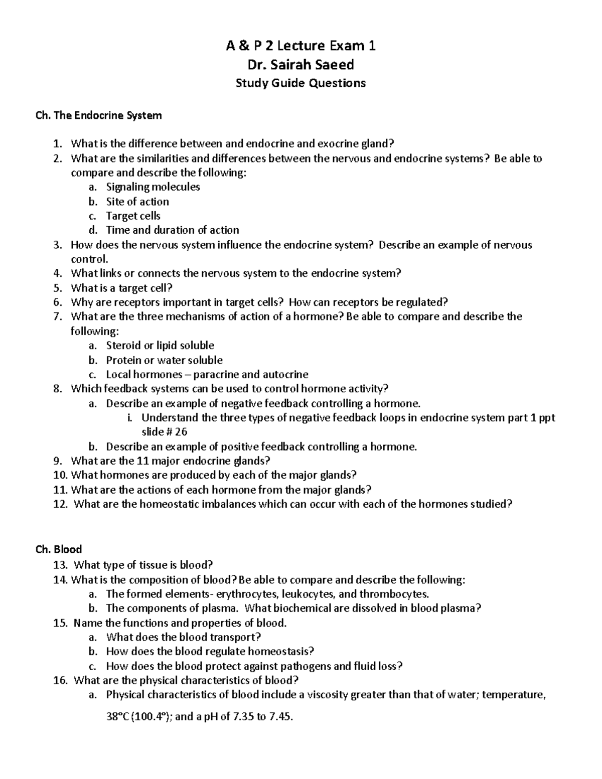 A&P 2 Lecture Exam 1 Study Guide: Endocrine, Blood, Heart & Circulation - Studocu