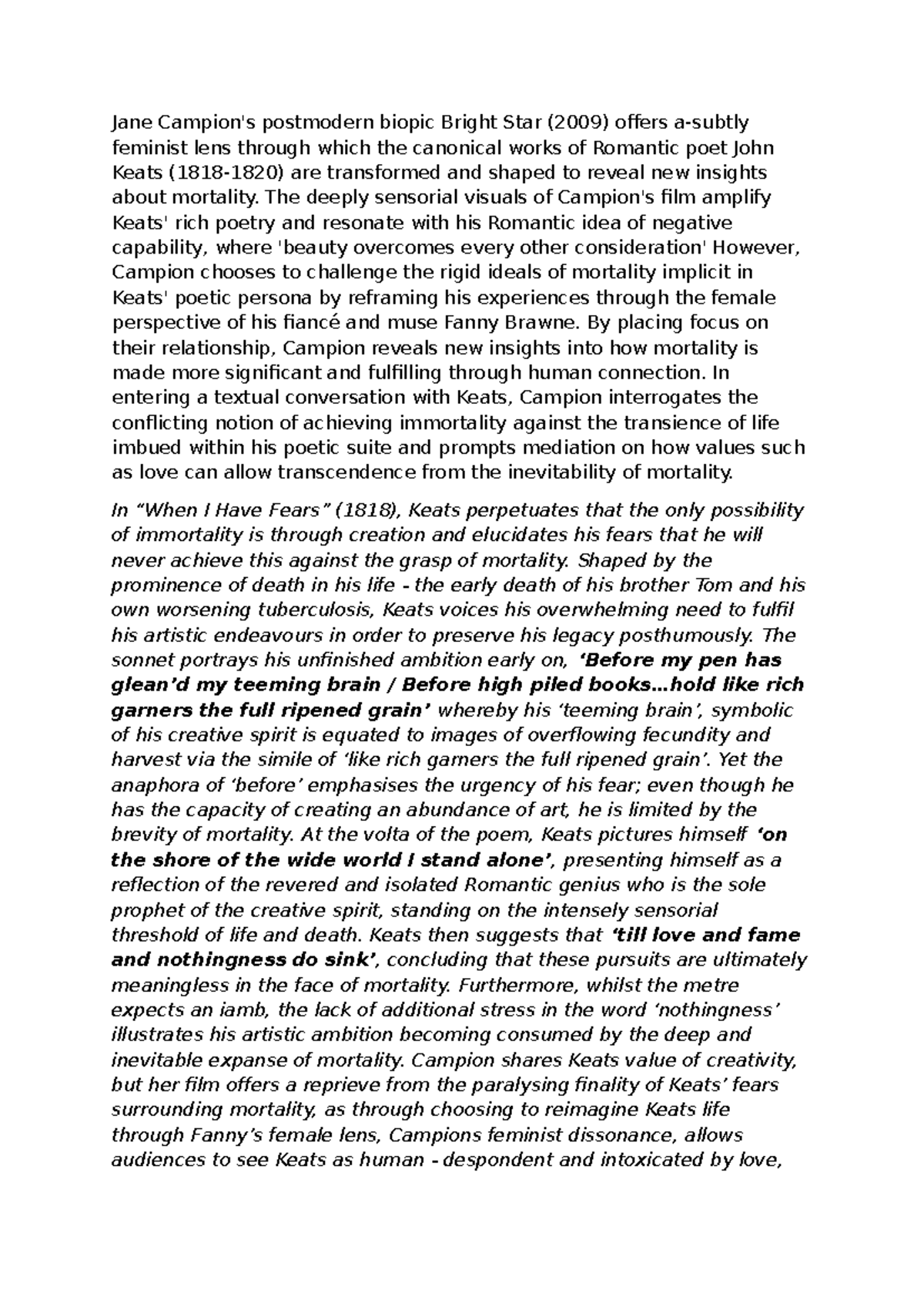 Bright Star (2009) & Keats: A Feminist Lens on Mortality - Studocu