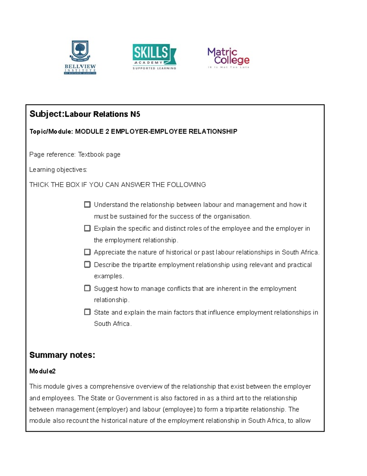 Labour Relations N5: Module 2 - Understanding Employer-Employee ...