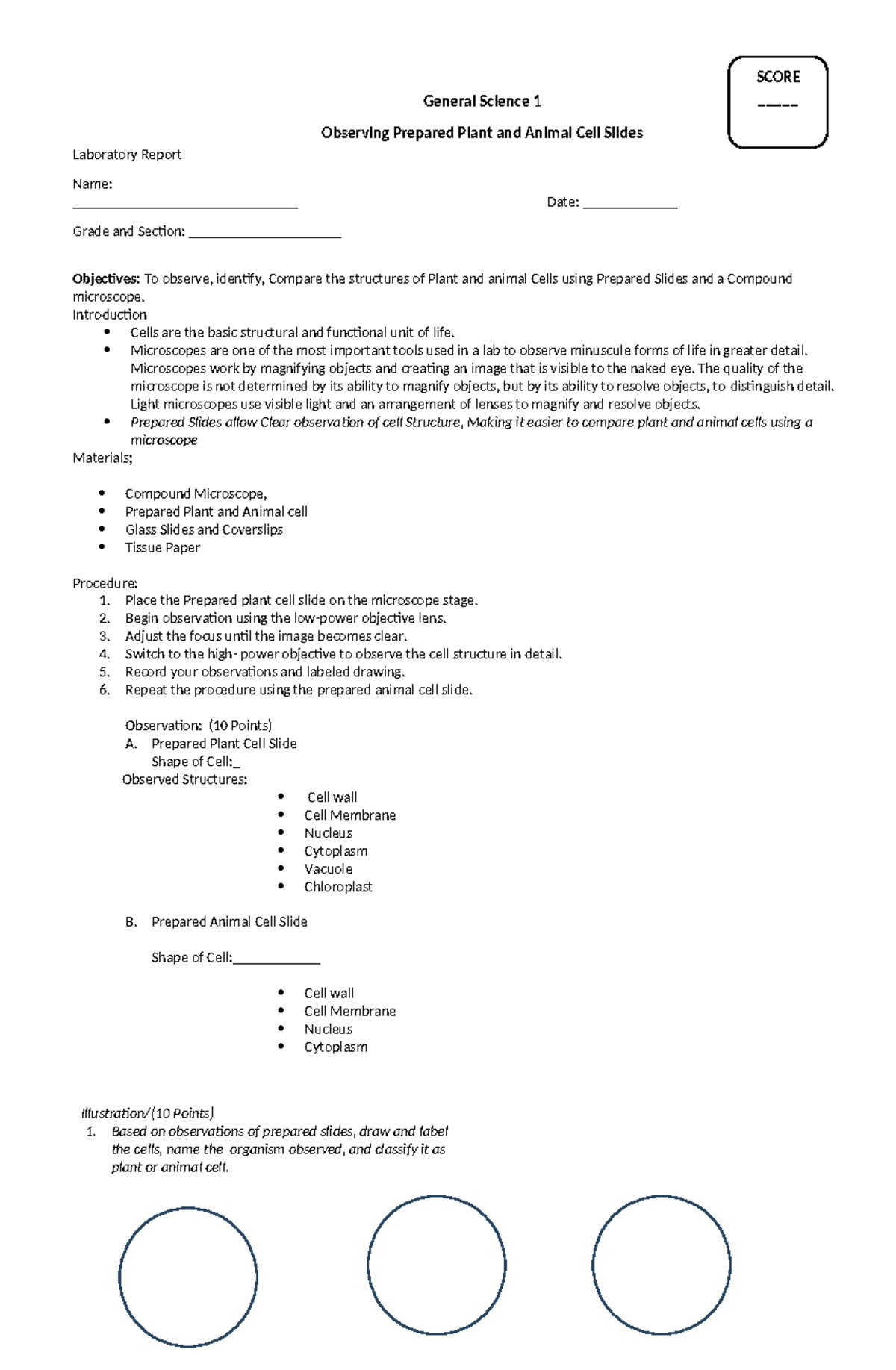 SCORE General Science 1 Lab Report: Plant vs. Animal Cells - Studocu