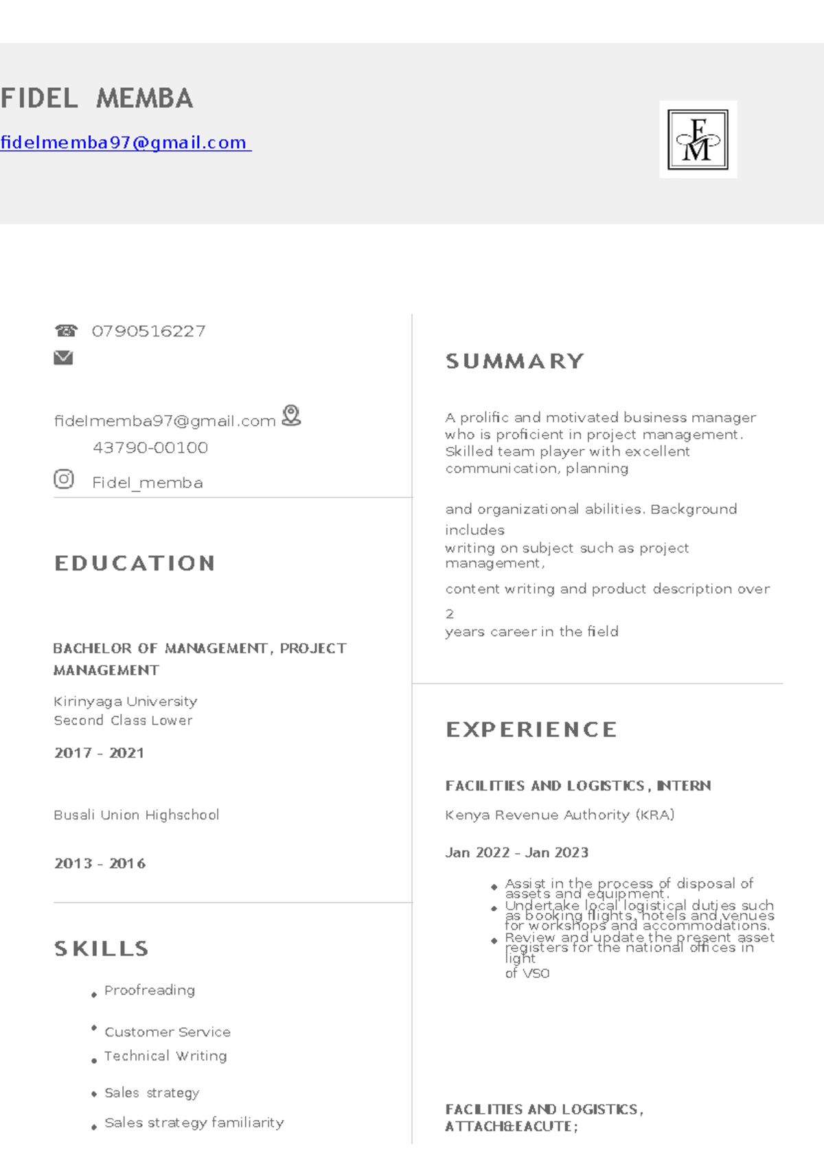 Fidel Memba - CV of a Kenyan Business Manager & Project Specialist ...