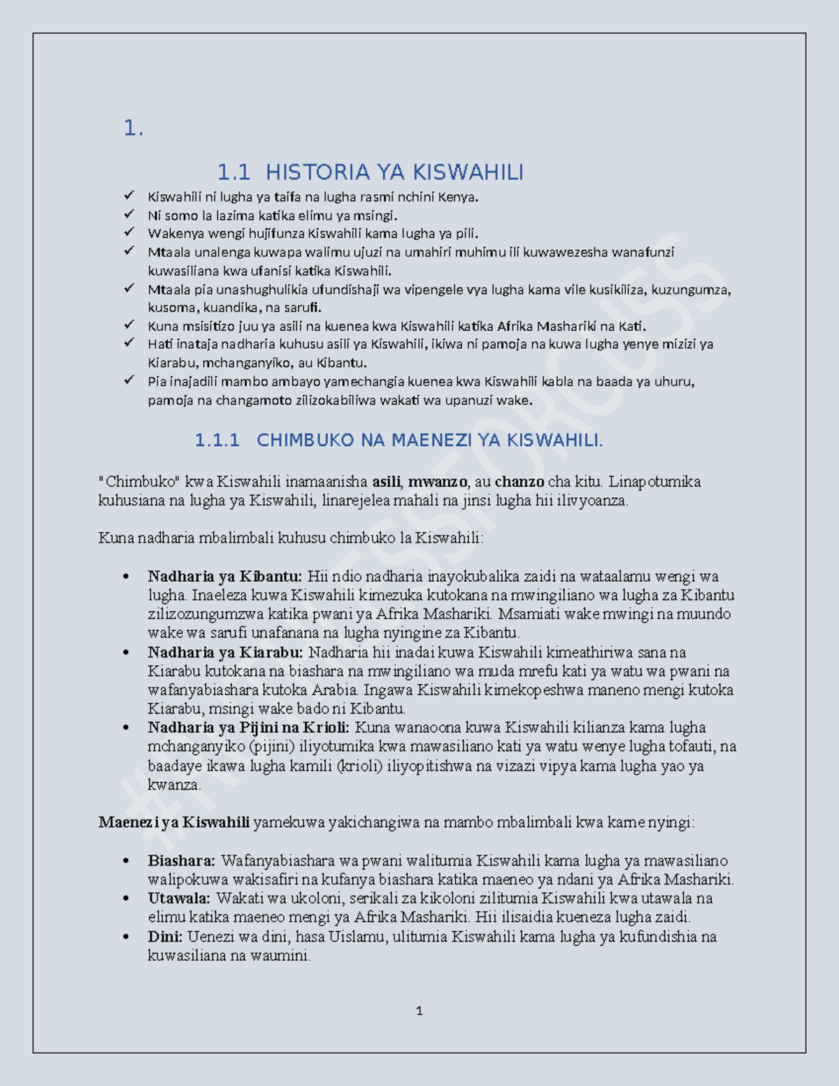 KISWAHILI NOTES: Historia, Misingi, na Ujifunzaji wa Lugha - Studocu