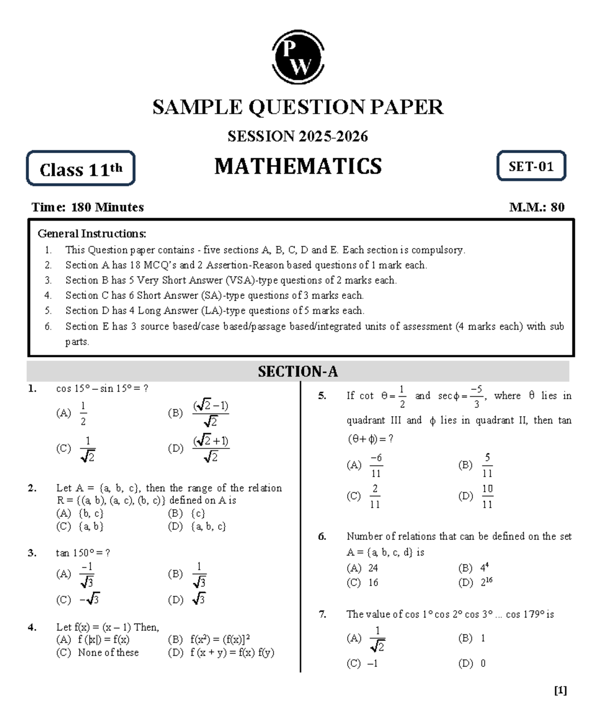 Mathematics Class 11th Sample Question Paper - Session 2023 - Studocu