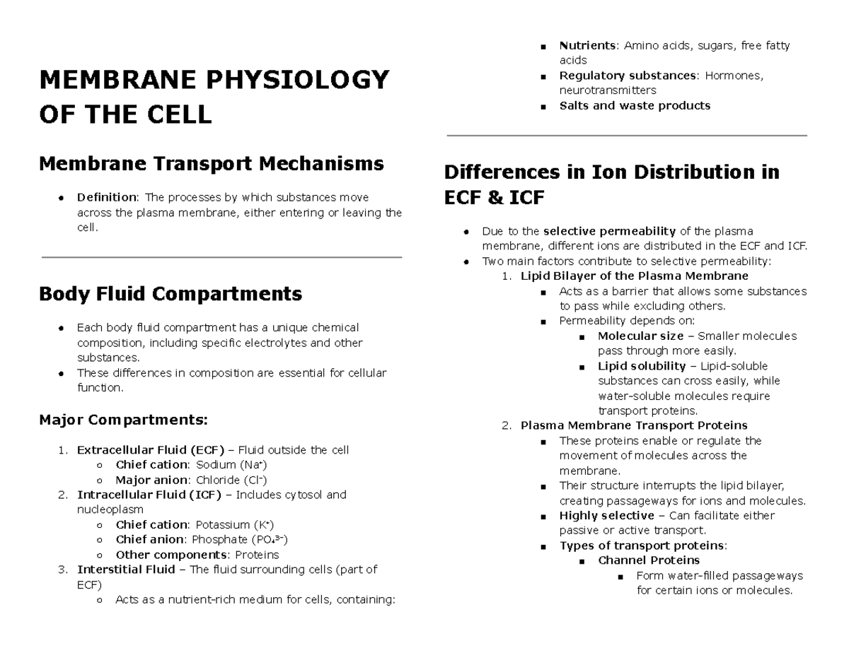MEMBRANE PHYSIOLOGY OF THE CELL: Transport Mechanisms Overview (PT 2015 ...