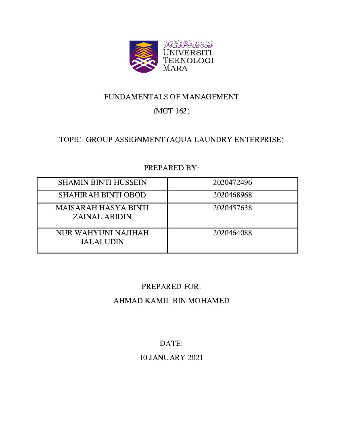 FUNDAMENTALS OF MANAGEMENT (MGT162) GROUP ASSIGNMENT (REPORT ...