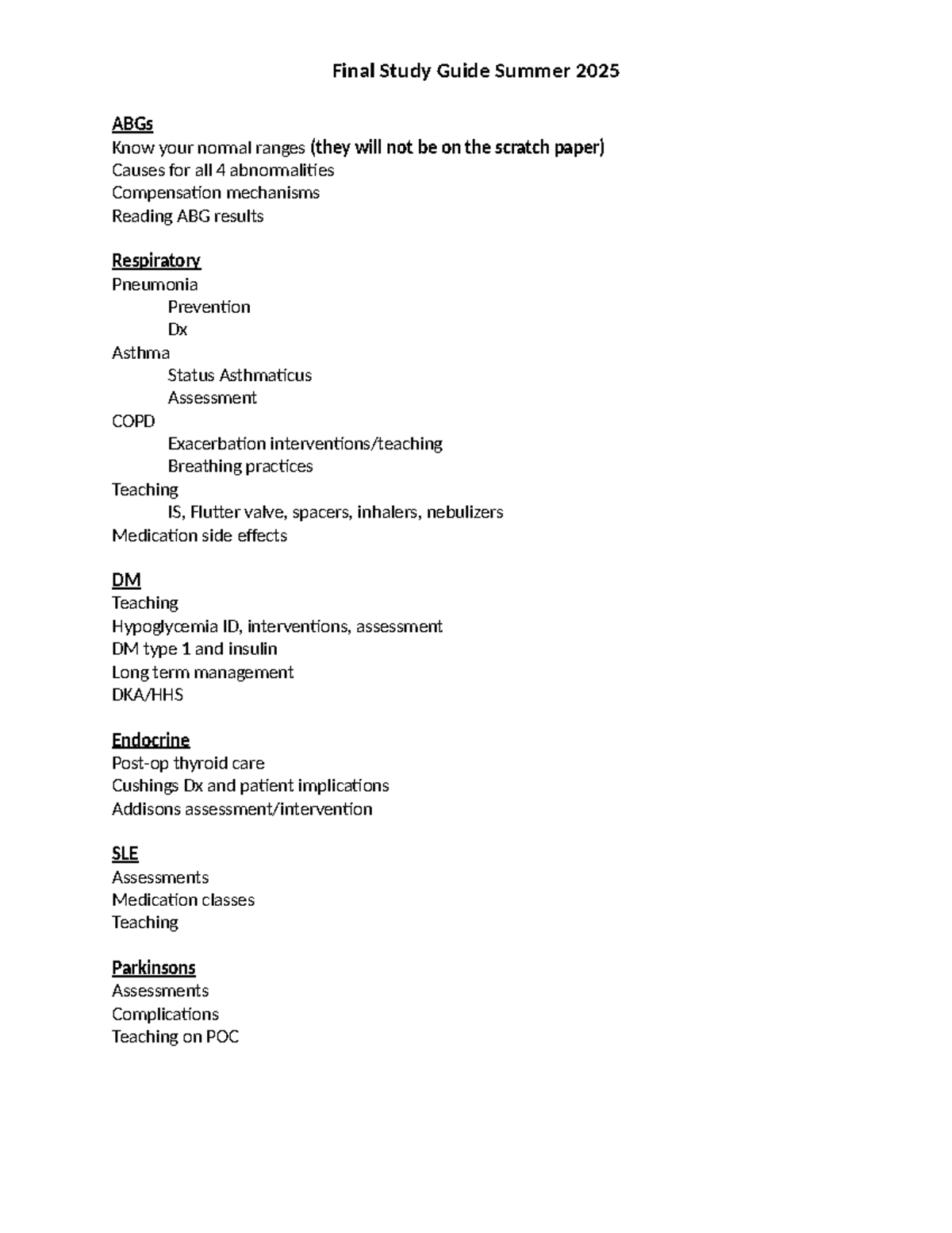 Final Study Guide SU 2025: ABGs, DM, SCI, and Mood Disorders - Studocu