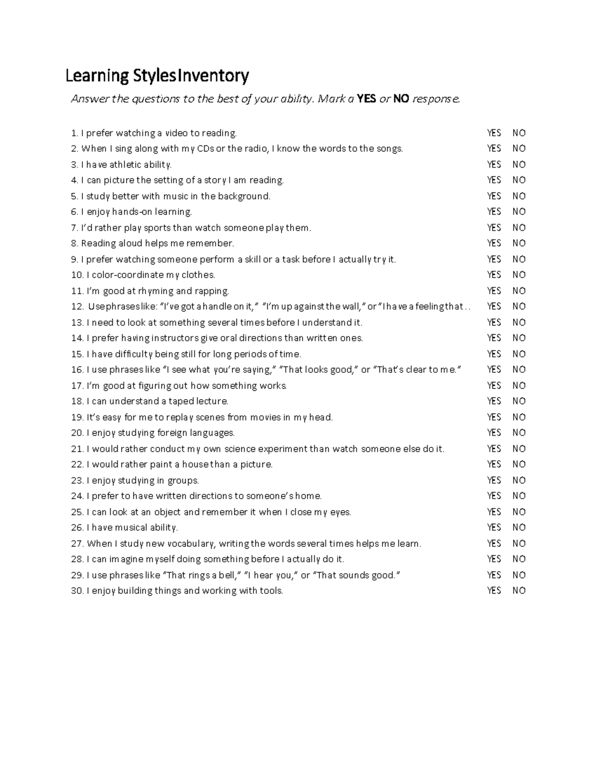 Handout 2 Learning Styles Inventory - Learning Styles Inventory Answer ...
