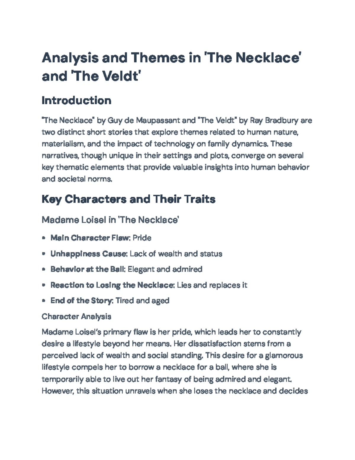 Comparative Analysis of Themes in 'The Necklace' and 'The Veldt ...