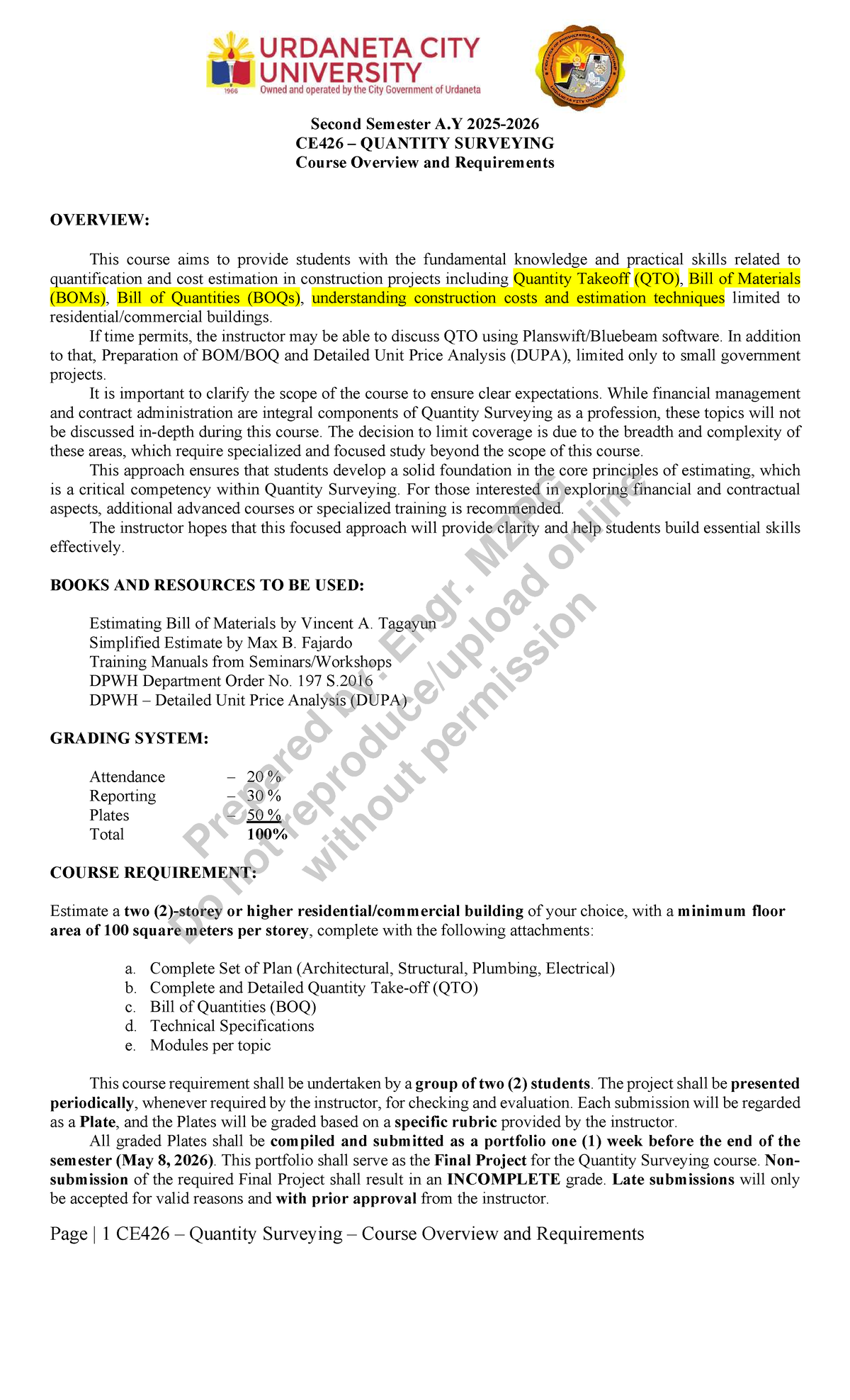 CE426 Quantity Surveying: Course Overview & Project Requirements - Studocu