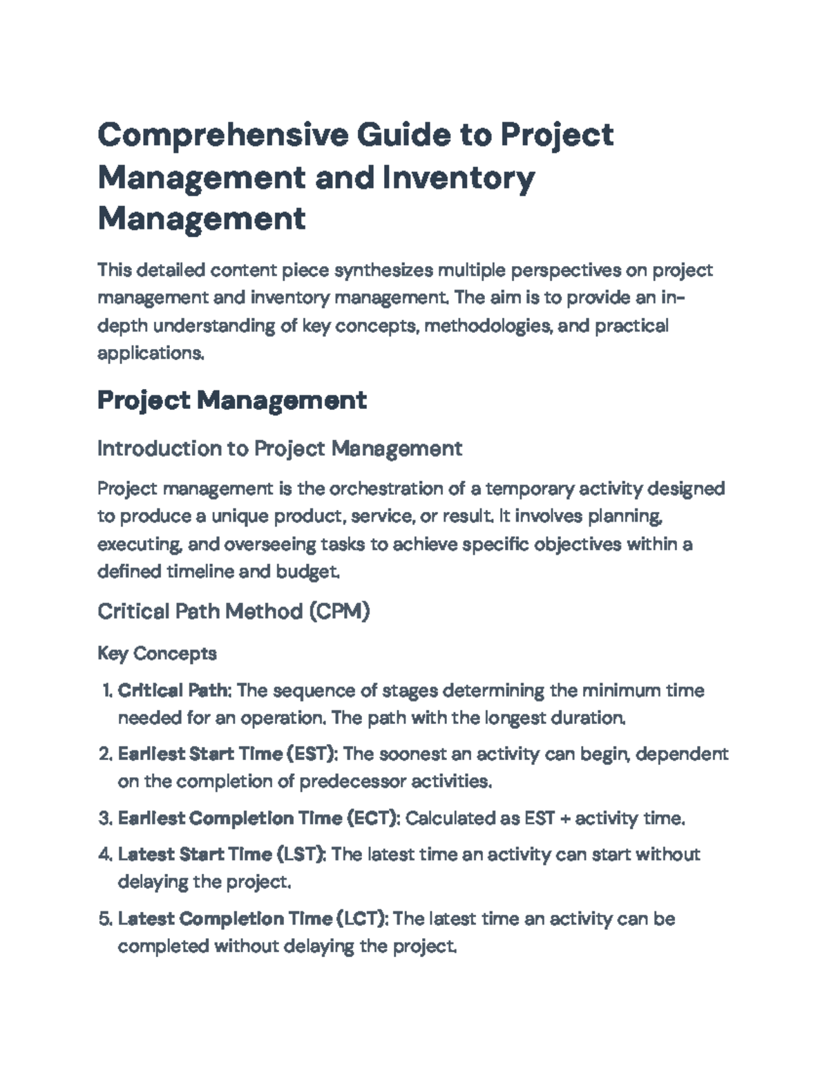 Project Management and Inventory Management Overview (Course Code ...