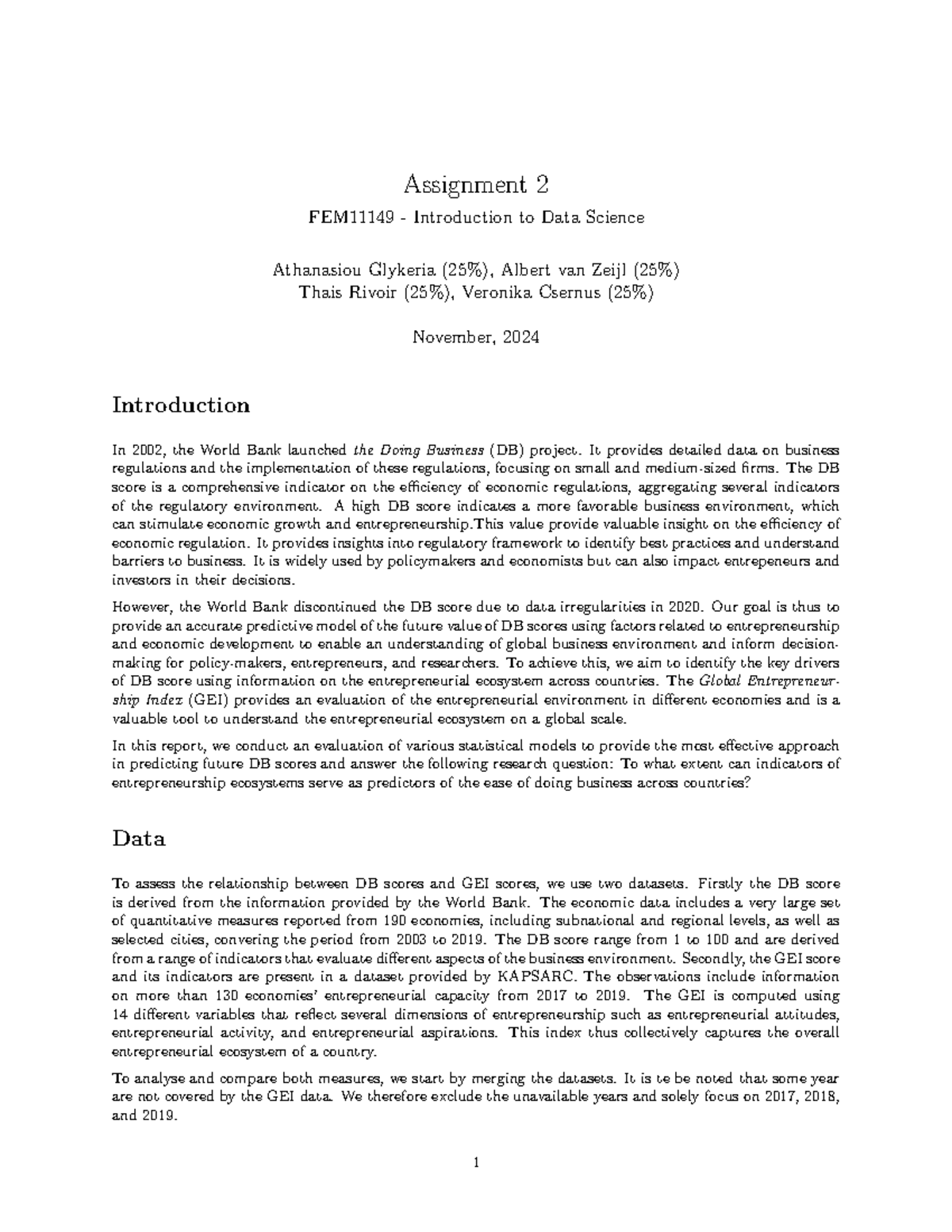 Predictive Modeling of Doing Business Scores (FEM11149) - Studeersnel