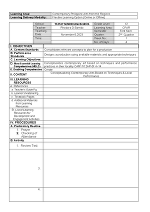 Compilation OF Lesson PLAN IN CPAR - CONTEMPORARY PHILIPPINE ARTS FROM ...