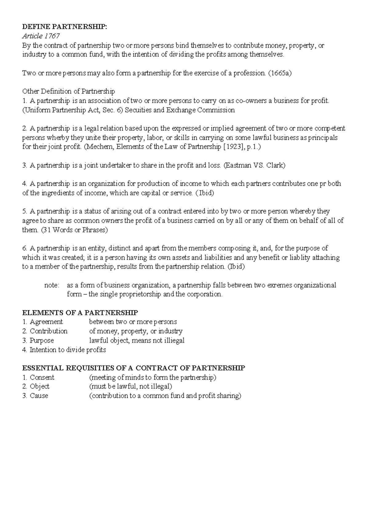 Partnership Definition and Elements: Article 1767 Overview - Studocu