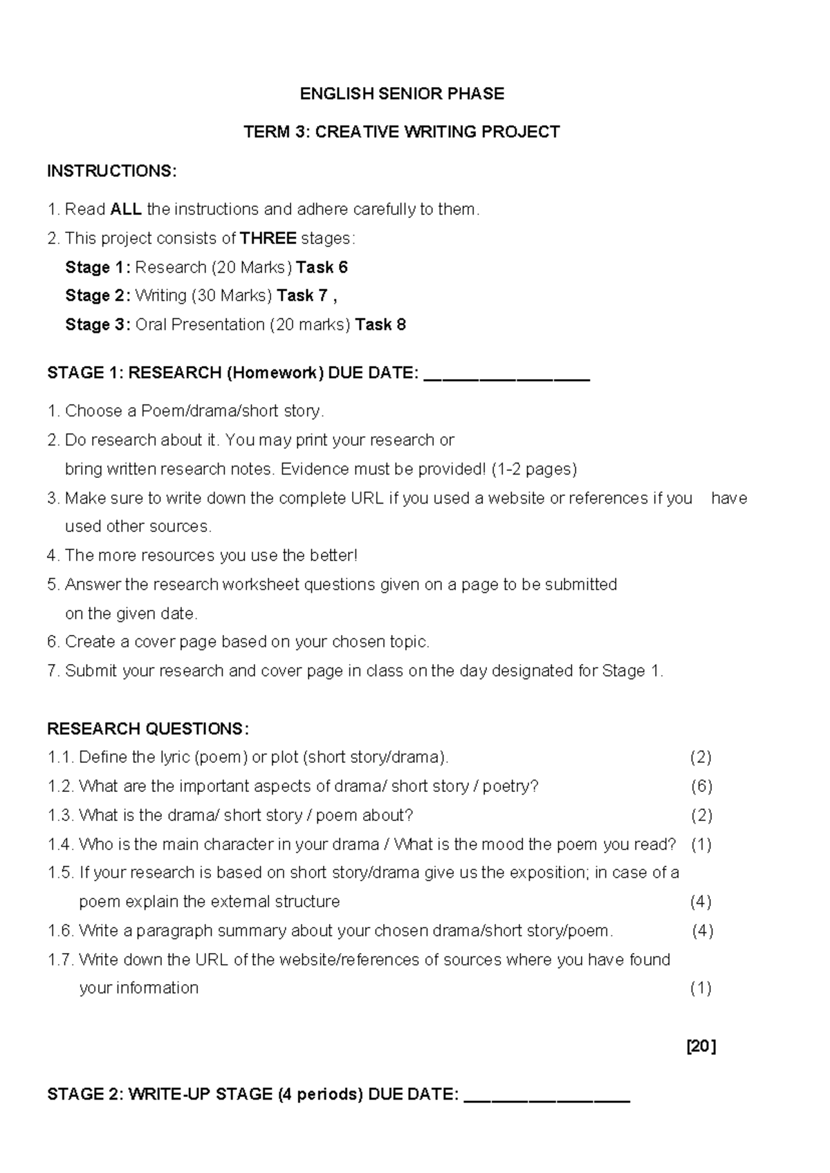 ENGLISH SENIOR PHASE TERM 3: CREATIVE WRITING PROJECT GUIDELINES - Studocu