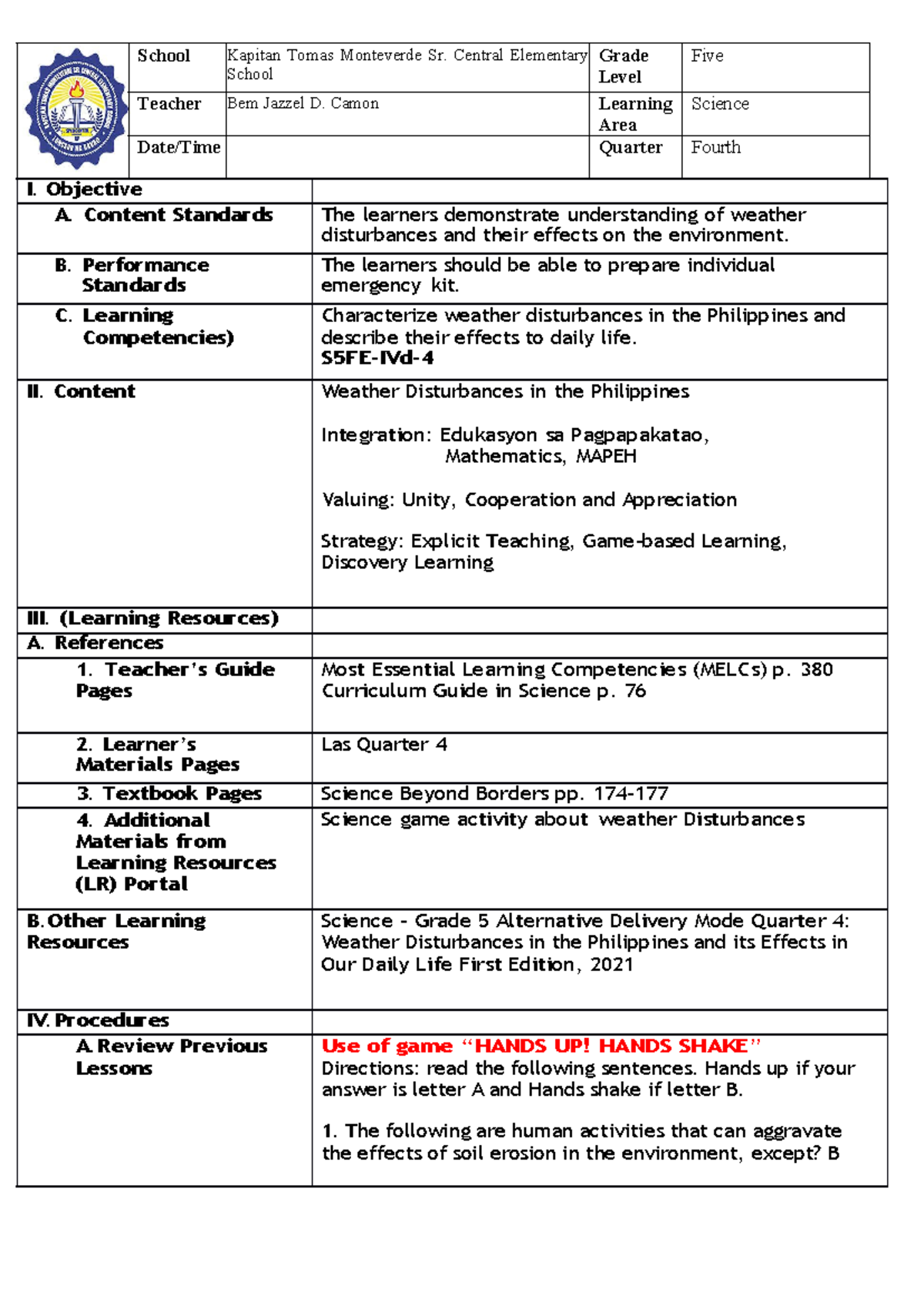 COT Science 5 Lesson Plan: Weather Disturbances Q4 - Studocu