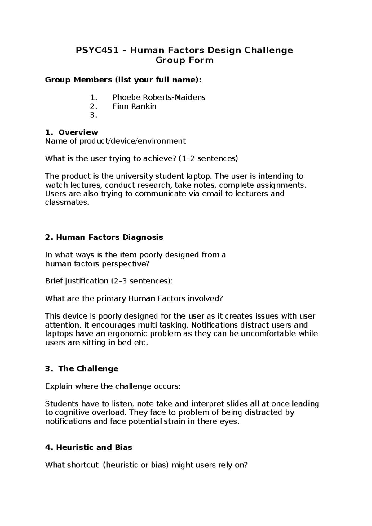 PSYC451 Human Factors Design Challenge Group Form & Analysis - Studocu