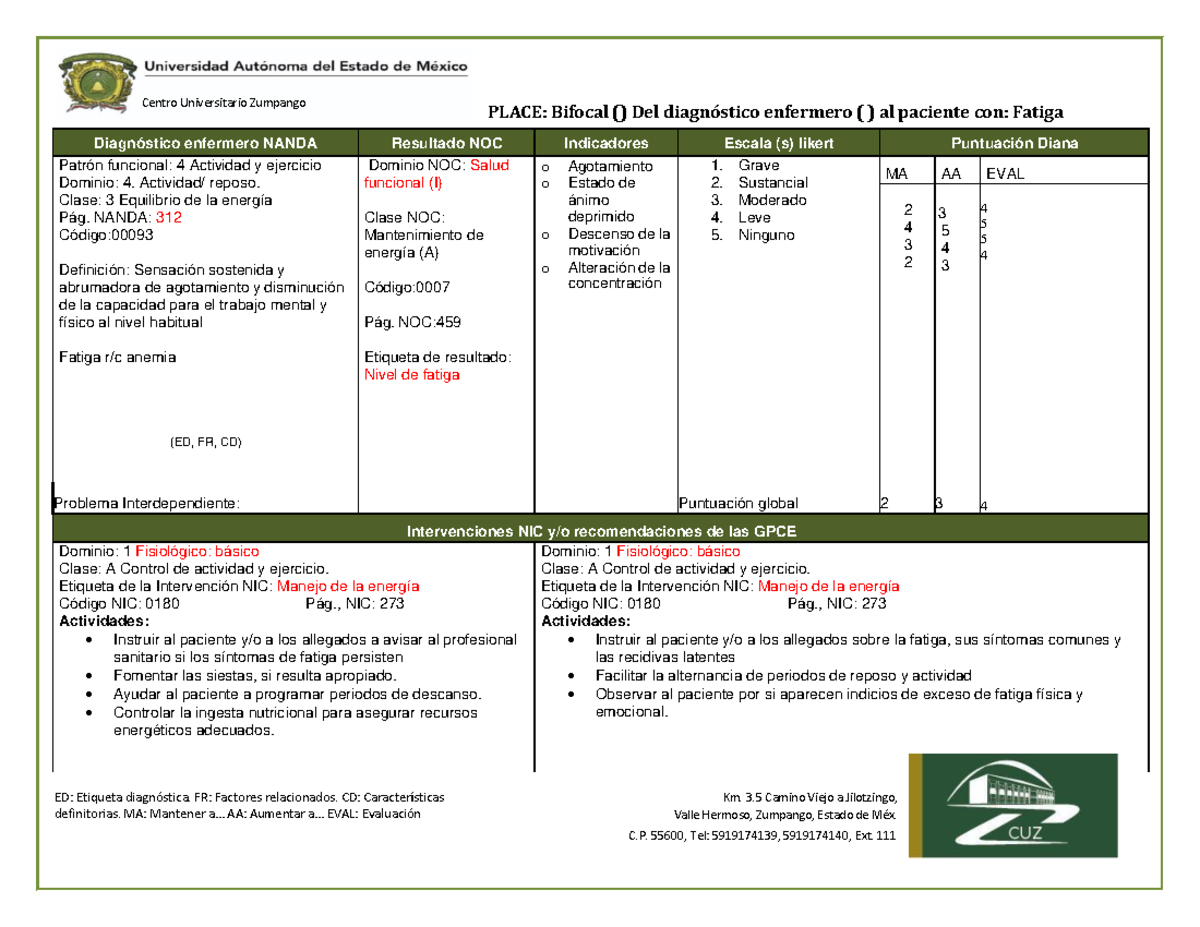 Diagnóstico NANDA, NIC y NOC del Adulto - Fatiga y Anemia - Studocu