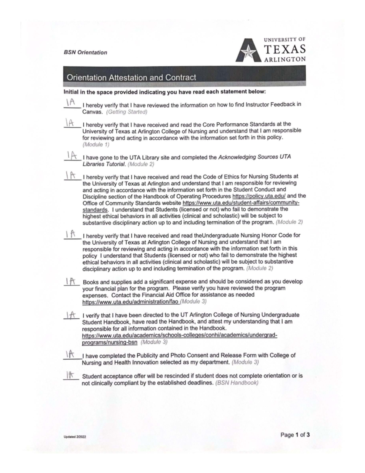 BSN Orientation Attestation and Contract for UTA Nursing Students - Studocu