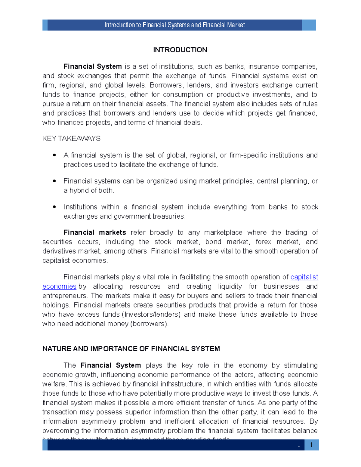 Introduction to Financial Systems and Financial Market - . 1 ...