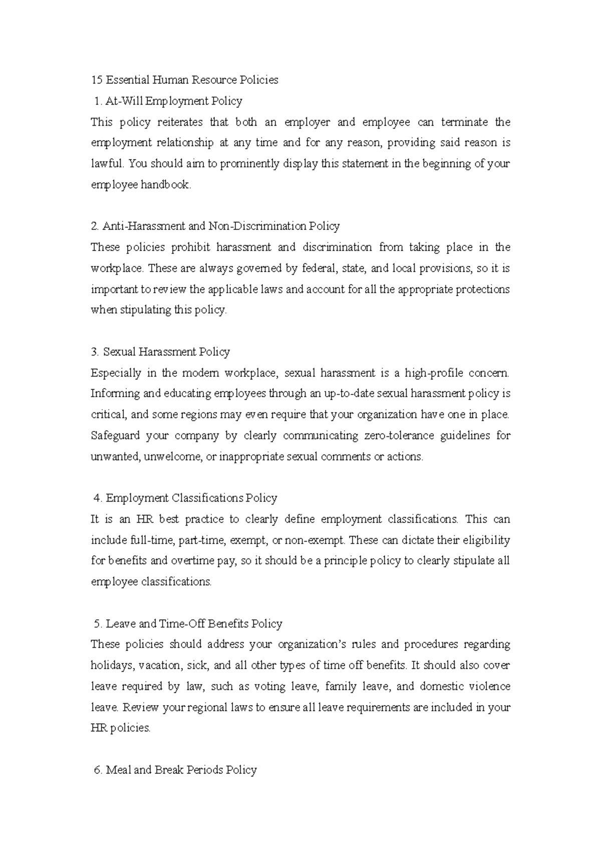 15 Essential HR Policies for Workplace Compliance and Safety - Studocu