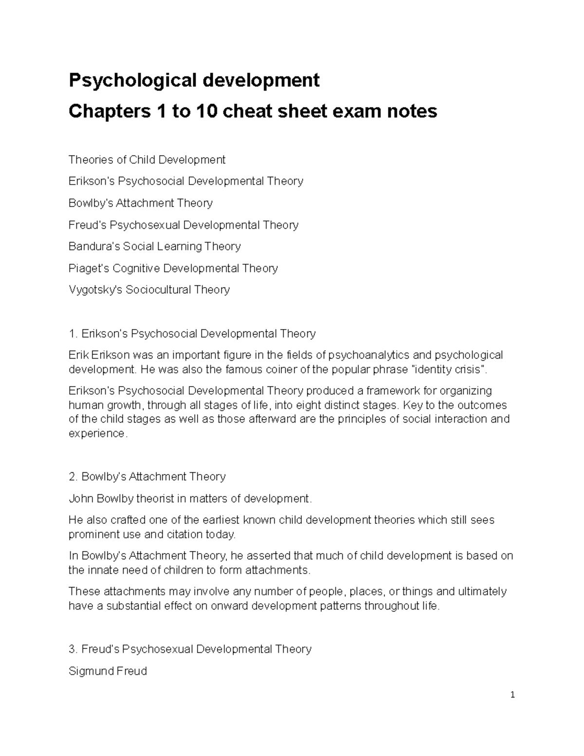 Psychological Development Theories: Cheat Sheet for Chapters 1-10 - Studocu