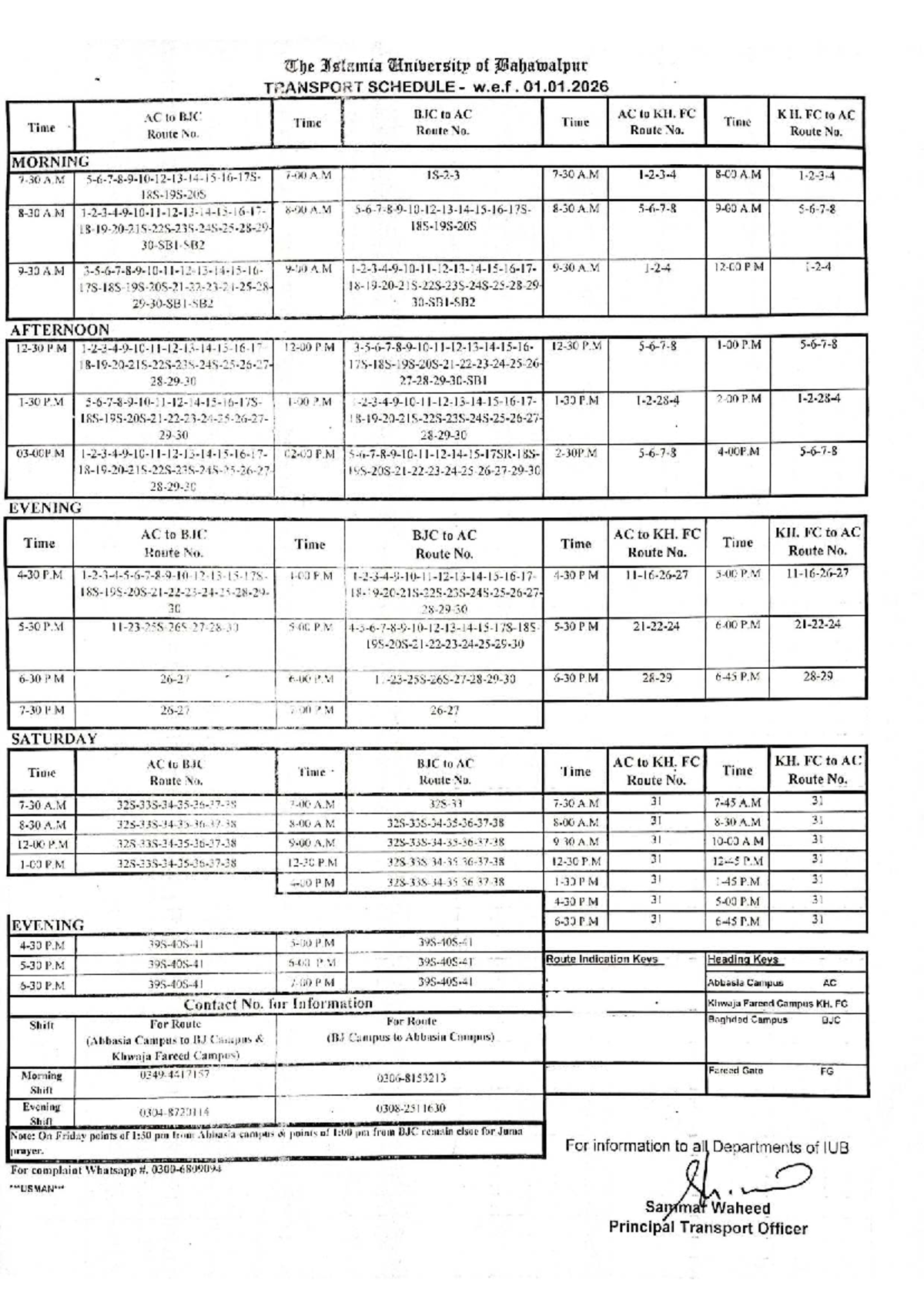 IUB Transport Schedule: AC, BJC, KH. FC Routes (Effective 01.01.2026 ...