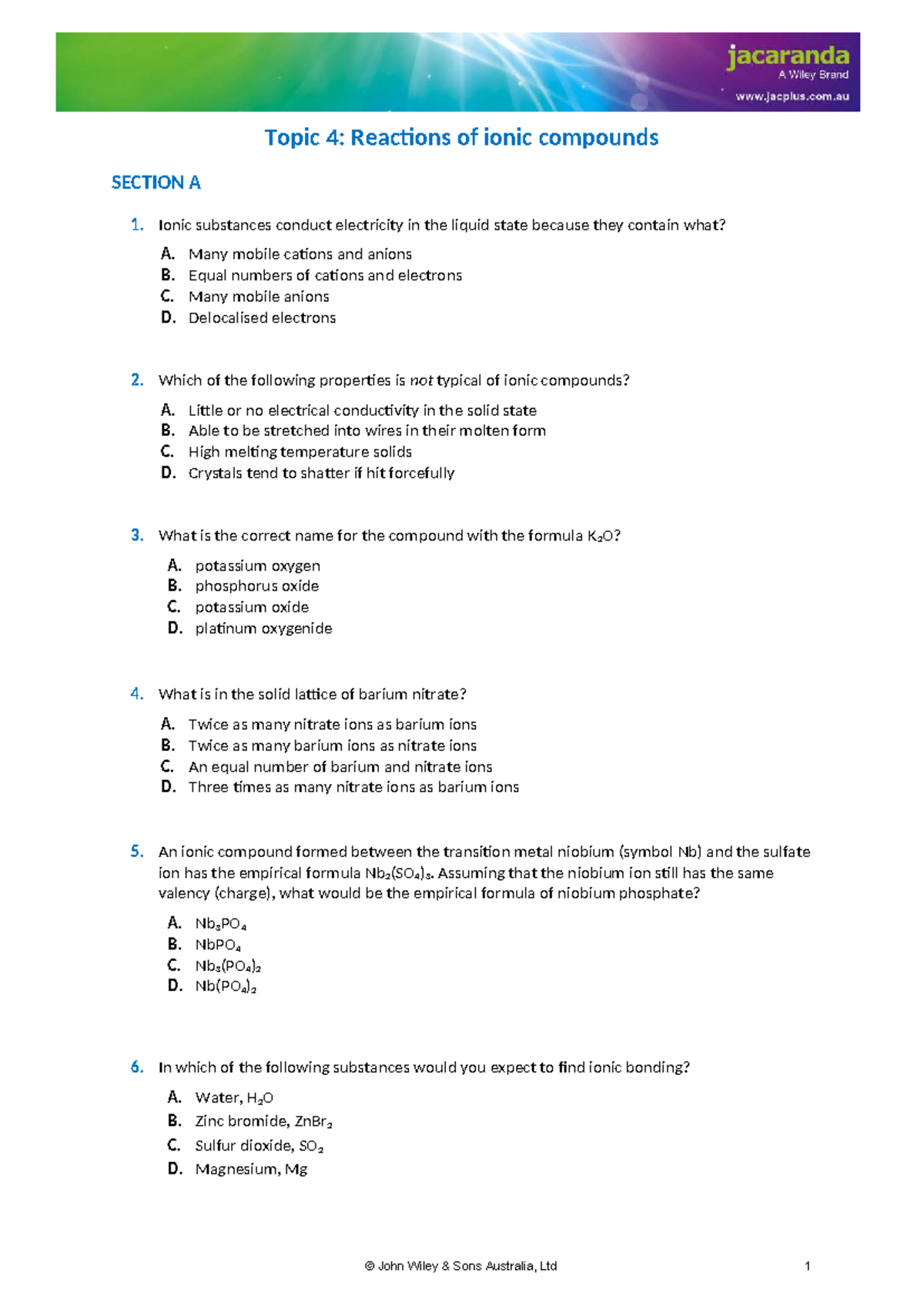 Topic 4: Ionic Compounds Reactions Test (doc-37246) - Studocu