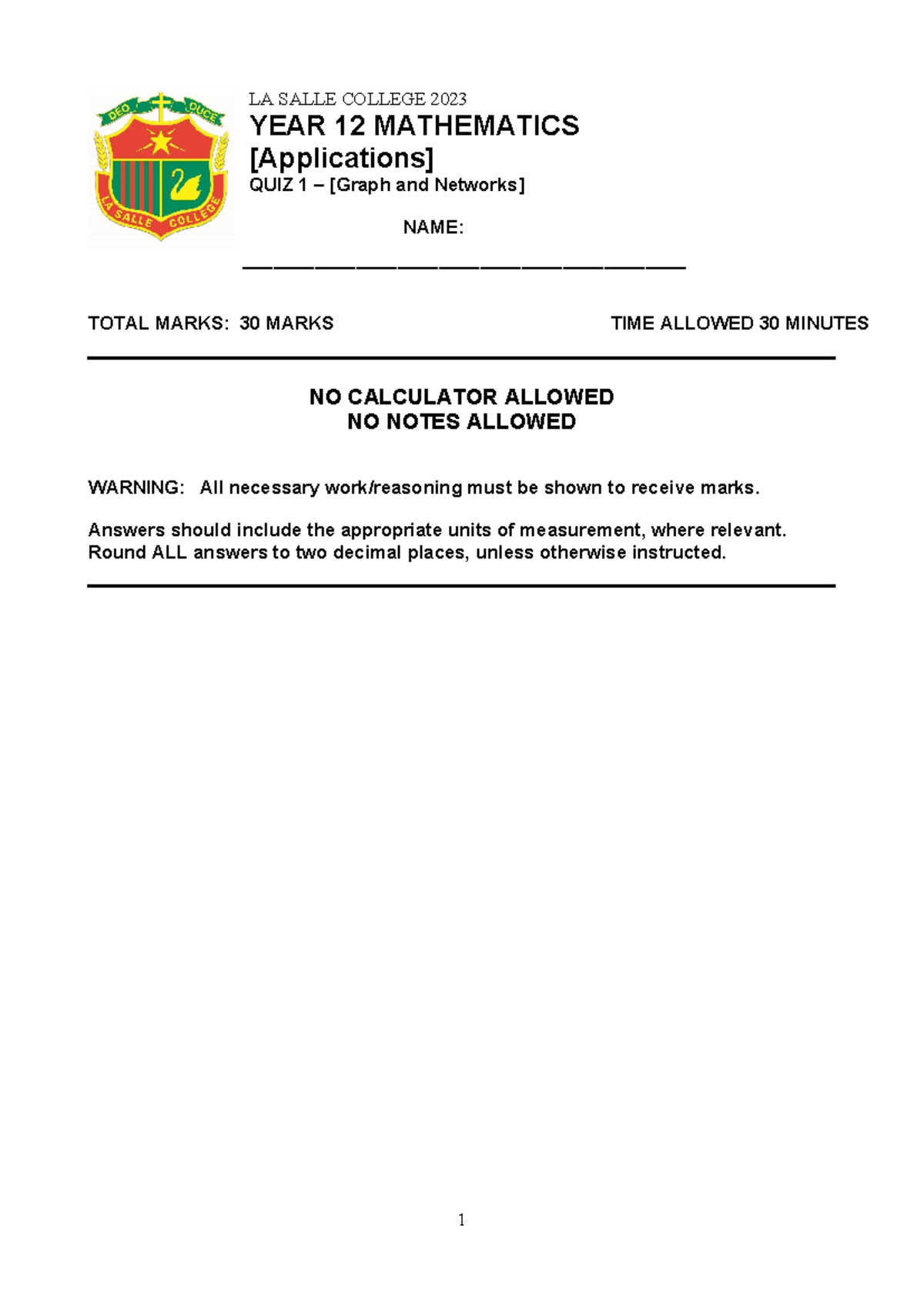 2023 Y12 Mathematics Quiz 1: Graphs and Networks Analysis - Studocu