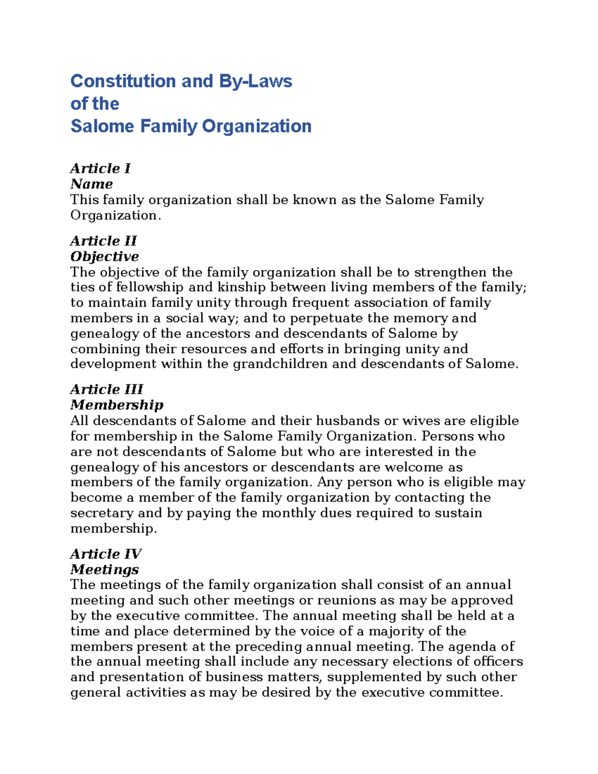 Salome Family Org Constitution - Student Practice Material - Studocu