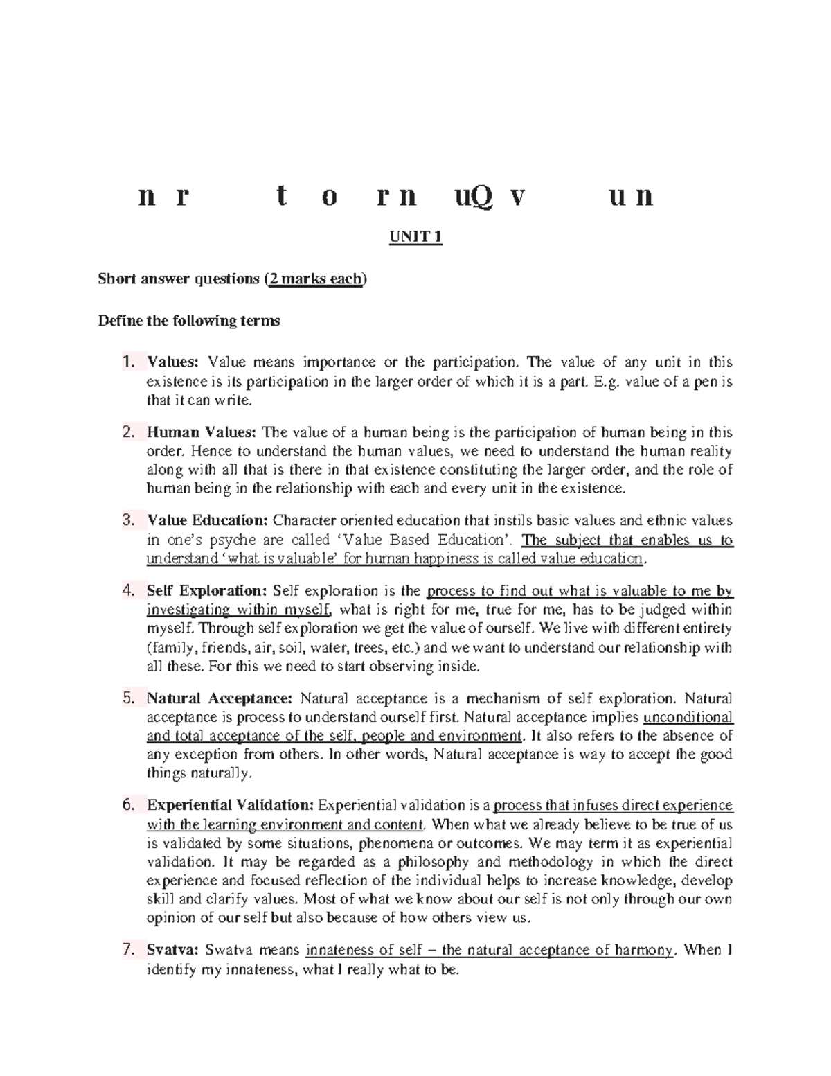 UHV QB: Short Answer Questions on Universal Human Values - Unit 1 - Studocu