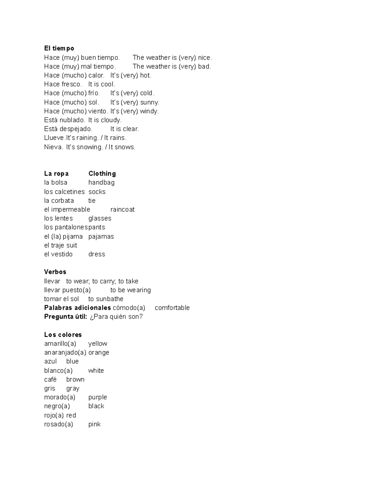Spanish Vocabulary and Grammar Overview (SPAN101) - Studocu