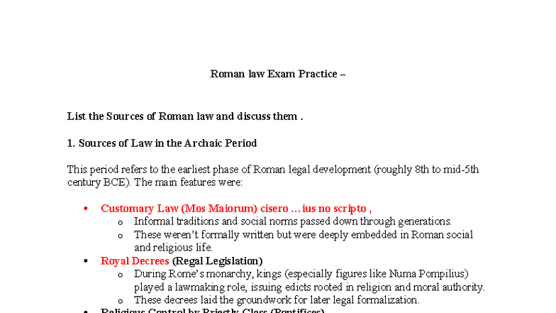 Roman Law Exam Practice: Sources and Codification Overview - Studocu