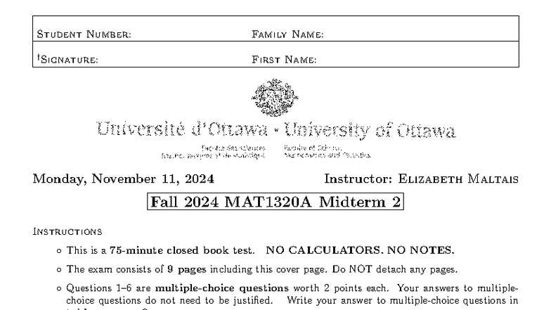 MAT1320A Fall 2024 Midterm 2 Exam Instructions and Solutions - Studocu