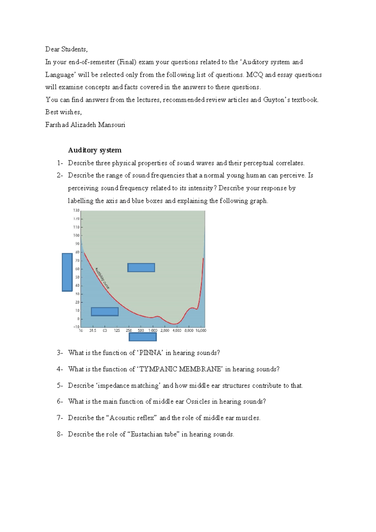 List of Final Exam Questions (PSY 2024): Auditory System & Language ...
