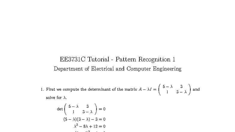 EE3731C Pattern Recognition 1 Tutorial Solutions and Eigenvalues - Studocu
