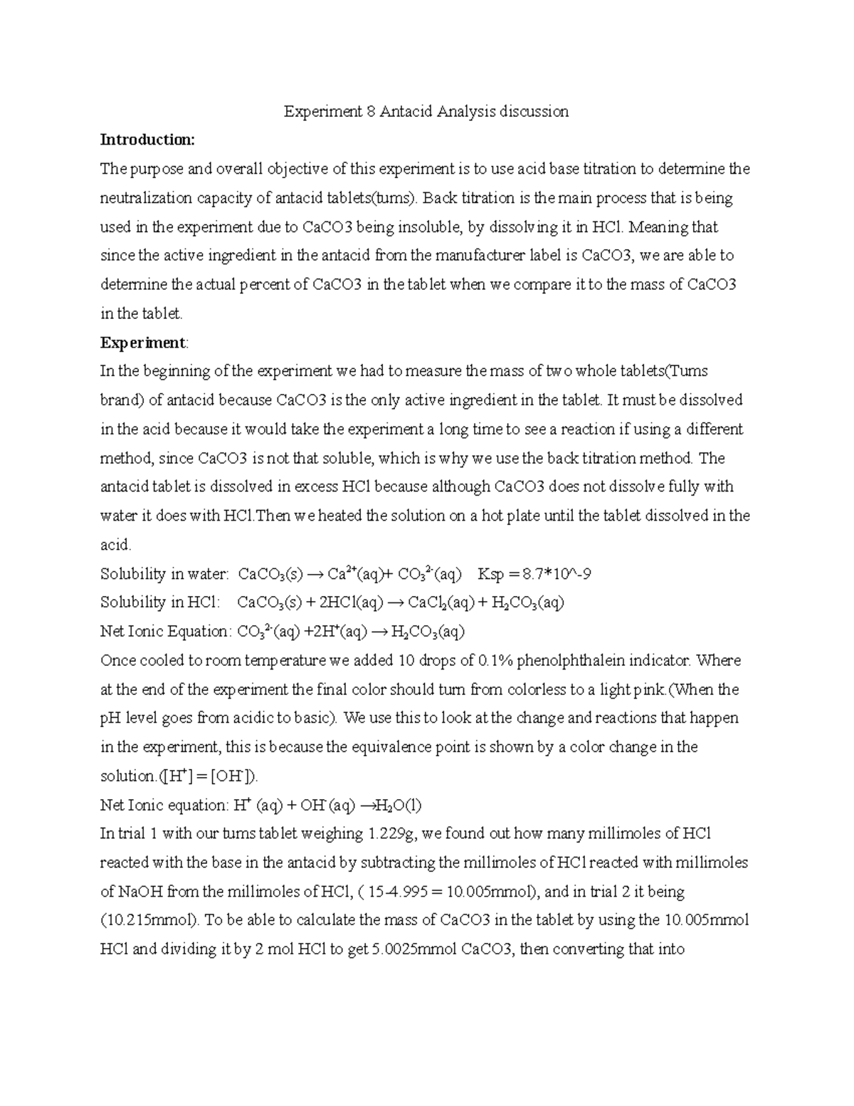 Exp 8: Antacid Analysis Lab Report - Titration Method and Results - Studocu
