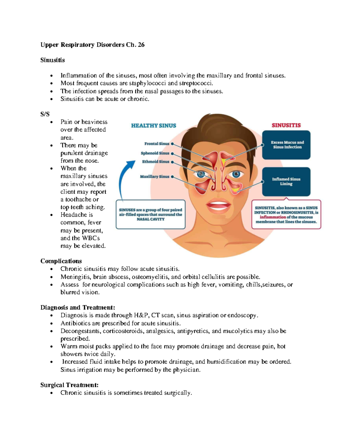 Upper Respiratory Disorders Ch. 26: Sinusitis & Pharyngitis Overview - Studocu