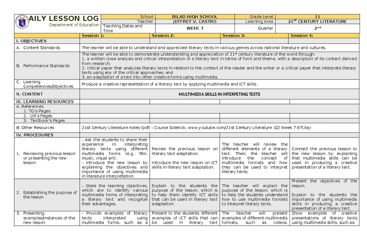 21ST CENTURY LITERATURE Lesson Plan Q1 WEEK 8 - Studocu