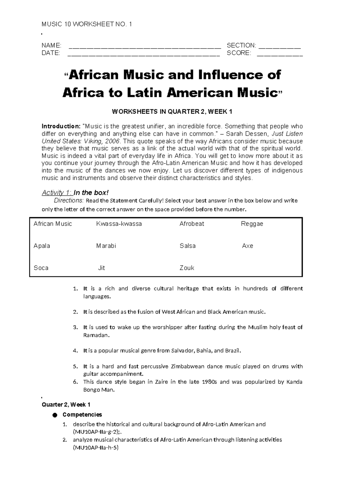 MUSIC 10 WORKSHEET NO. 1: African Influence on Latin American Music ...
