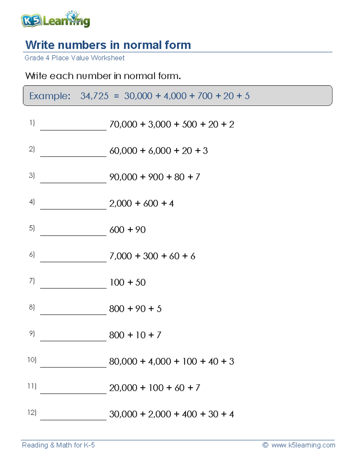 Grade 4 Place Value Worksheet: Write Numbers in Normal Form - Studocu