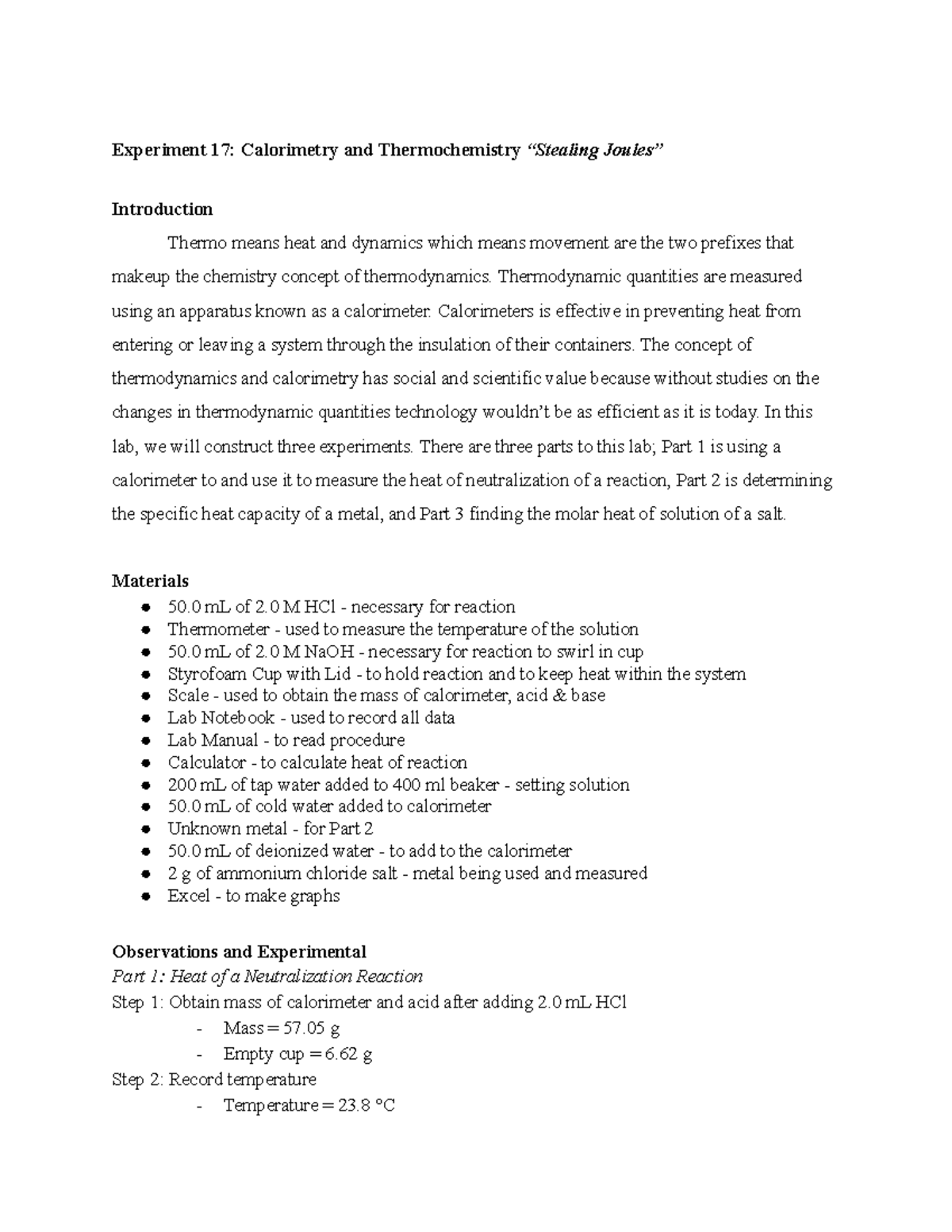 Lab 17 - Thermochemistry and Calorimetry Experiment Report - Studocu