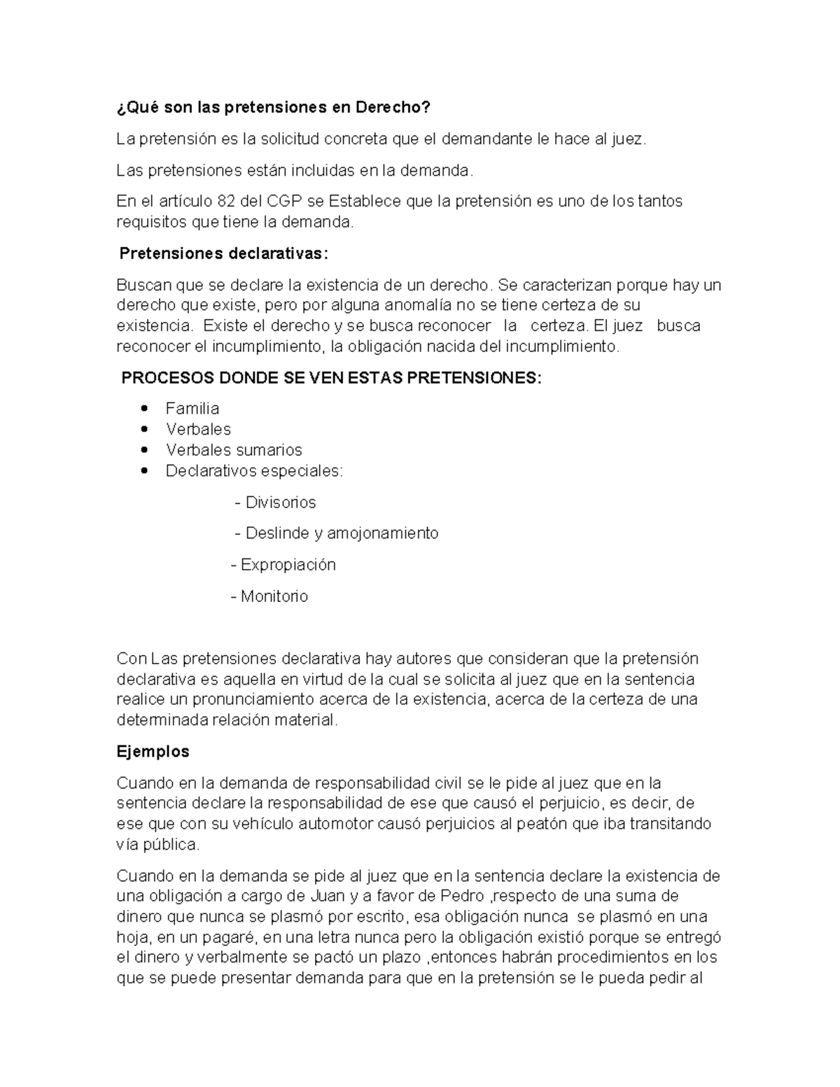 Pretensiones Declarativas en Derecho: Conceptos y Ejemplos - Studocu