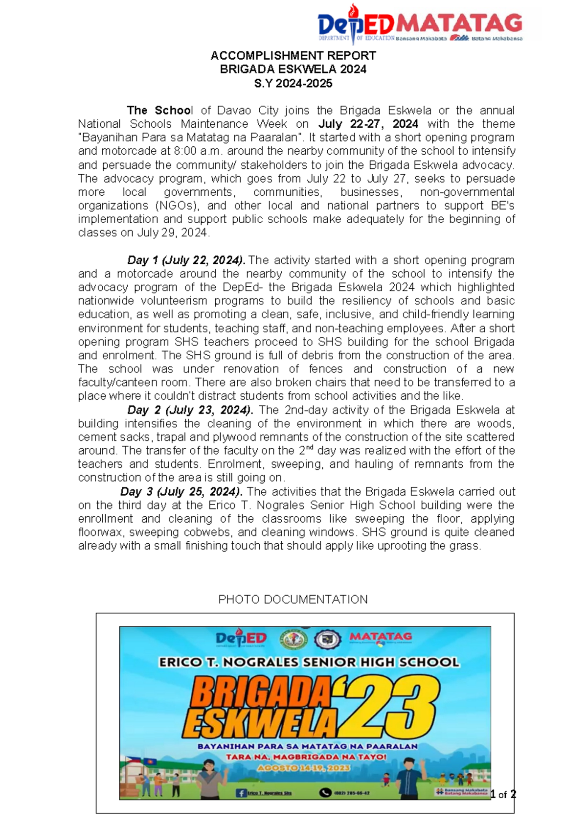 Brigada Eskwela 2024 Accomplishment Report - Matatag SY 2024-2025 - Studocu
