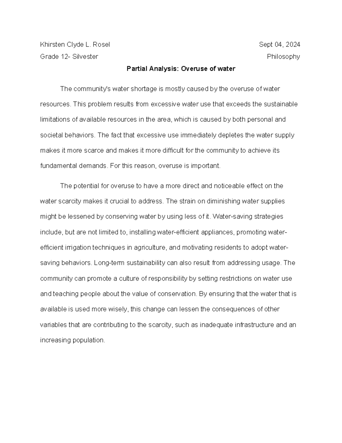 Philo PT1 - Analysis of Water Overuse and Scarcity Issues - Studocu